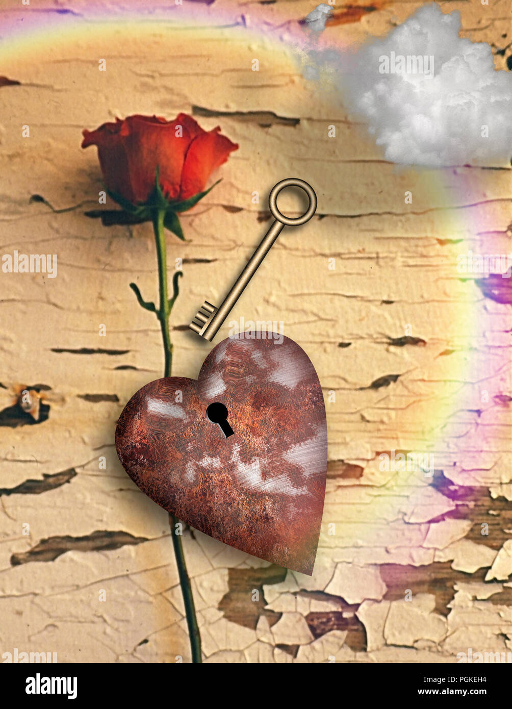 Surrealism. Red rose and rusted heart with keyhole. Golden key. Cloud ...