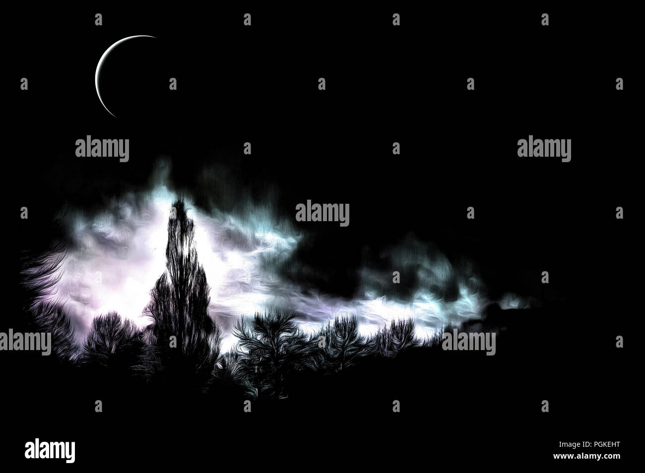 Expressionism painting. Forest in the moon light Stock Photo - Alamy