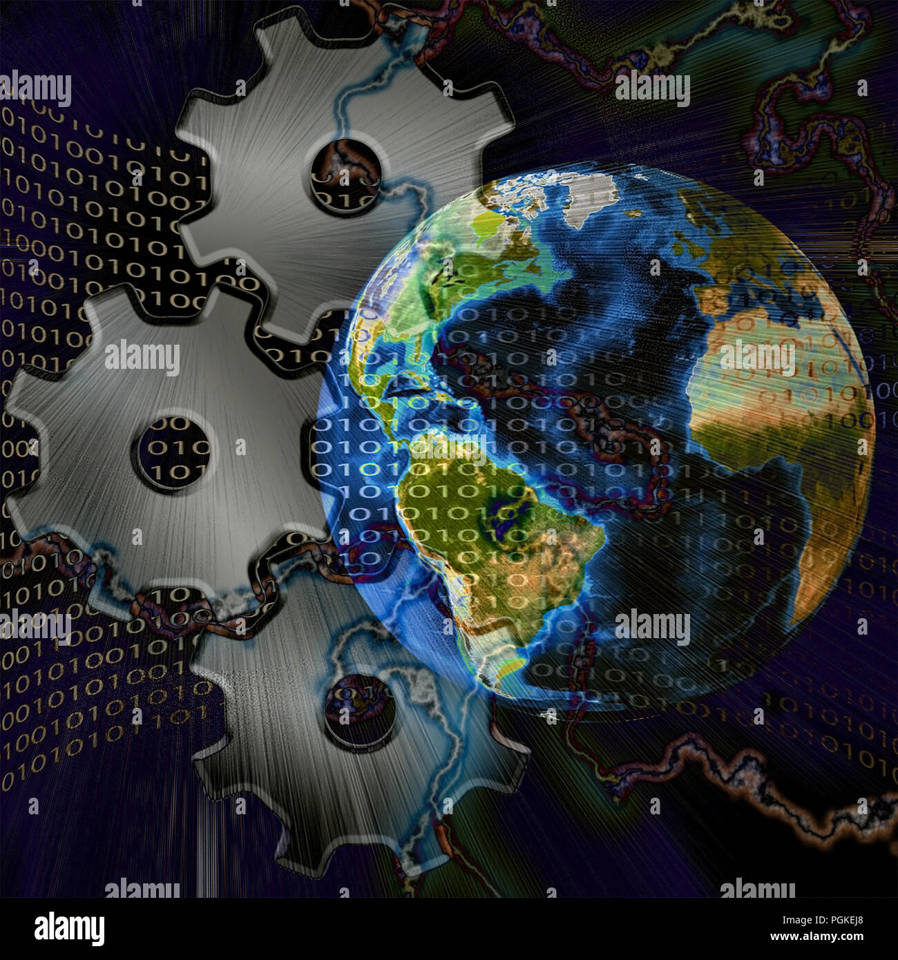 Planet Earth with binary code and cogwheels Stock Photo - Alamy