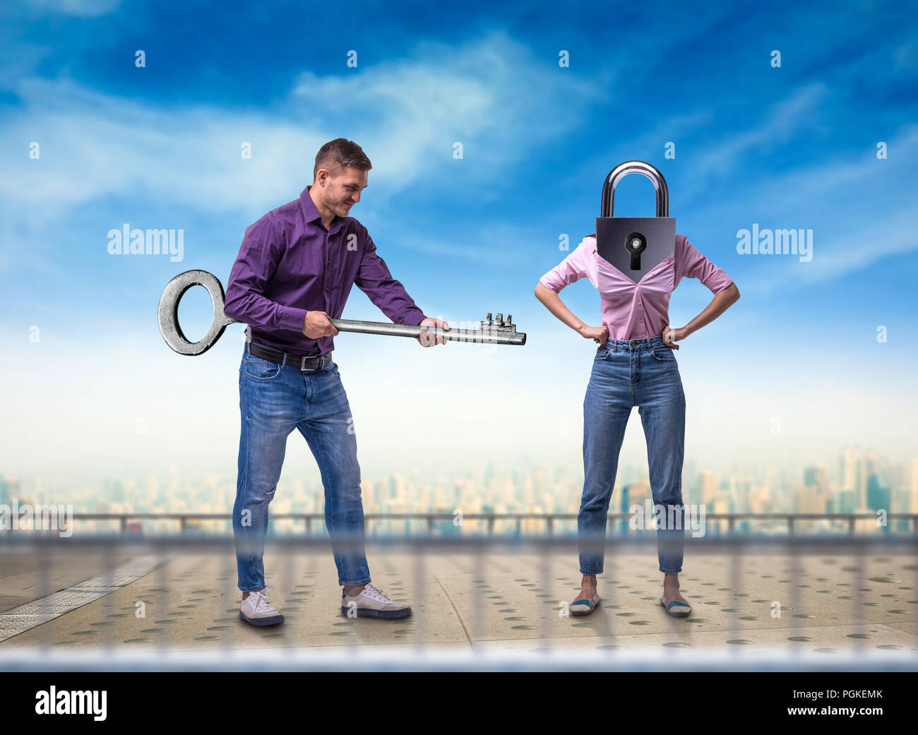 Man holds large key and woman with keyhole instead of a head, cityscape ...
