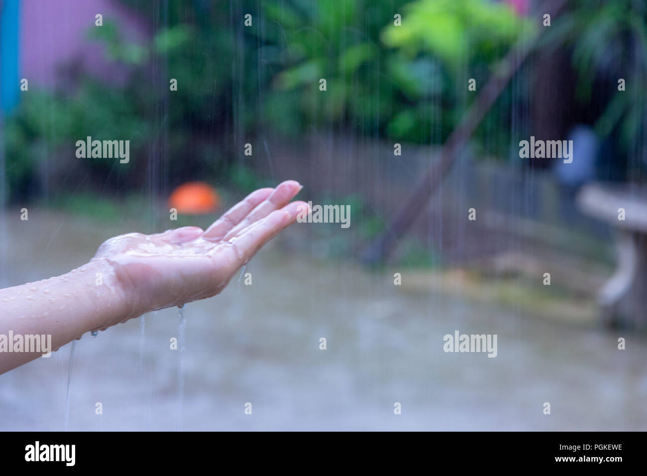 Close up of woman putting her hand in the rain catching drops of rain ...