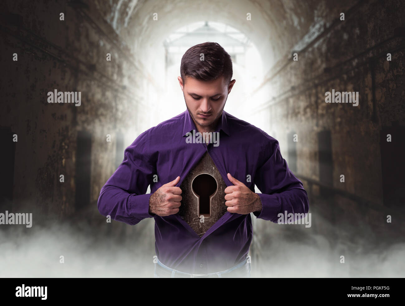 Man with keyhole in chest, lock from the heart abandoned house on ...