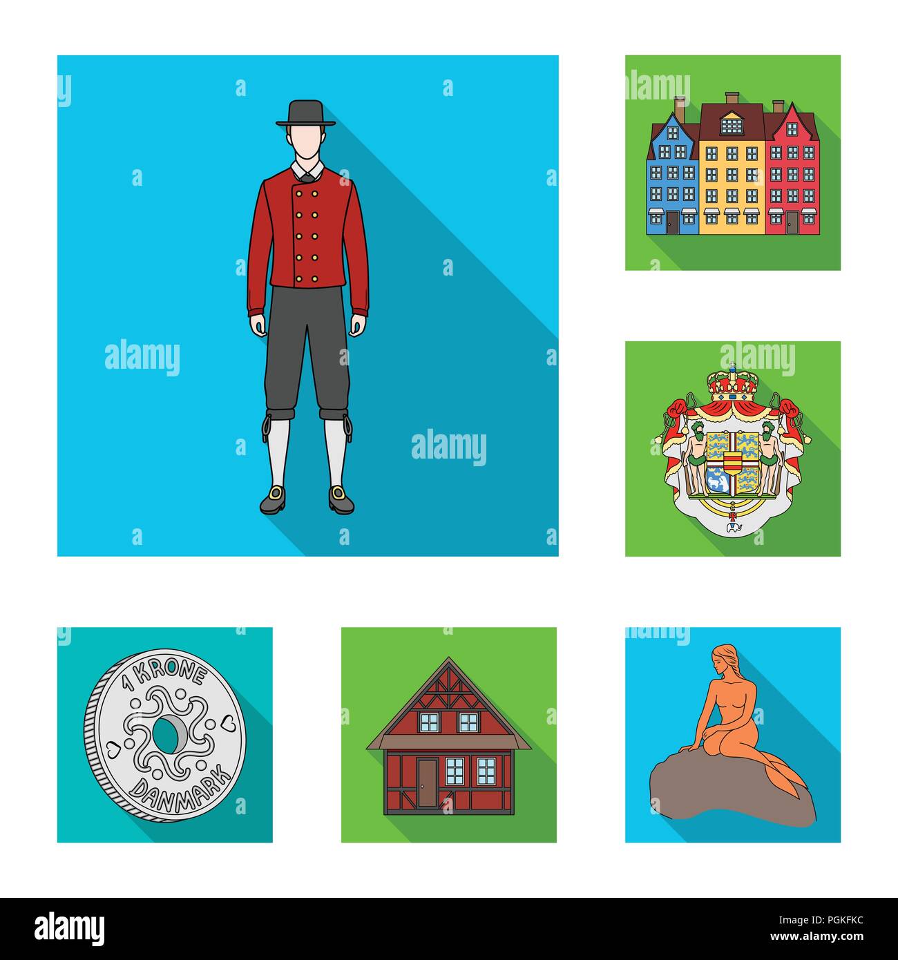 Traveling in Denmark flat icons in set collection for design. Denmark ...