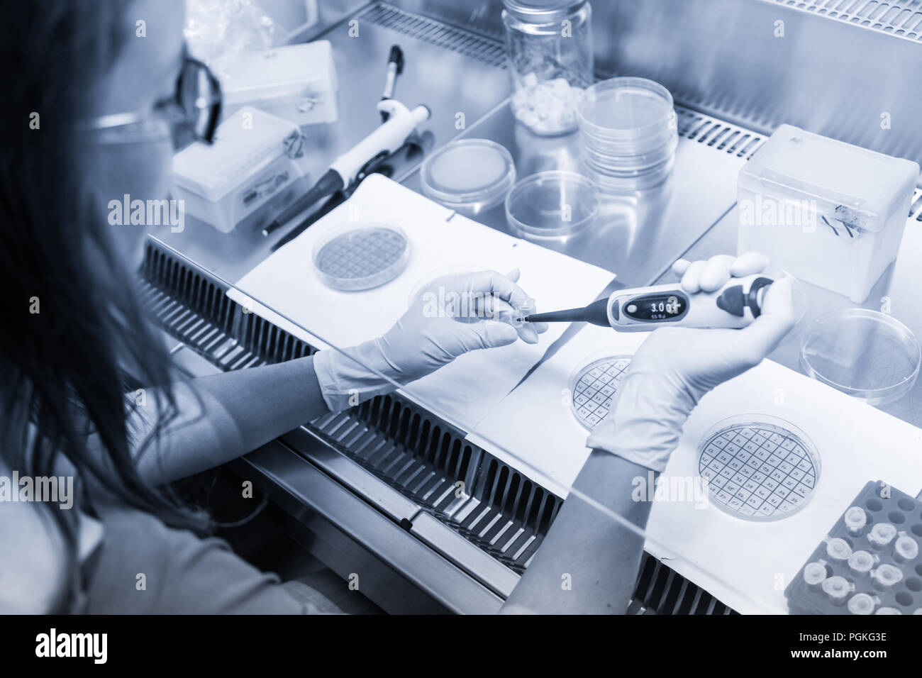 Female scientist researching in laboratory, pipetting cell culture ...