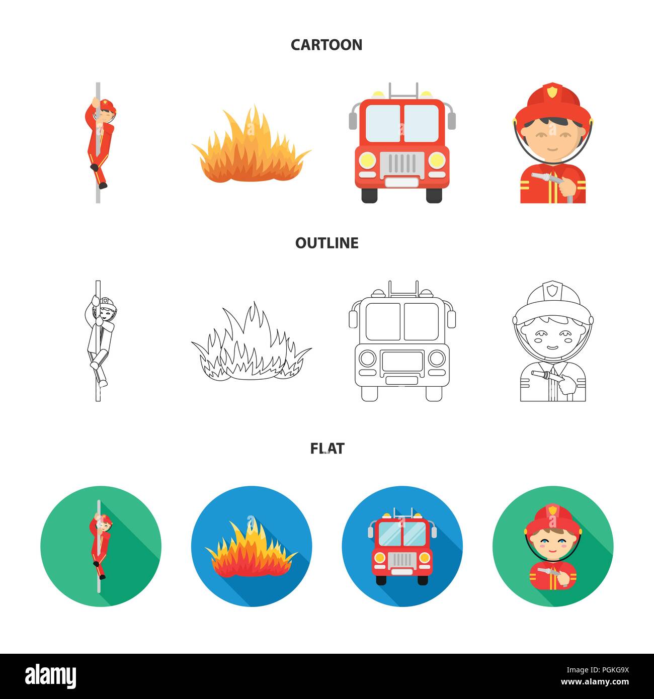 Fireman, flame, fire truck. Fire department set collection icons in ...
