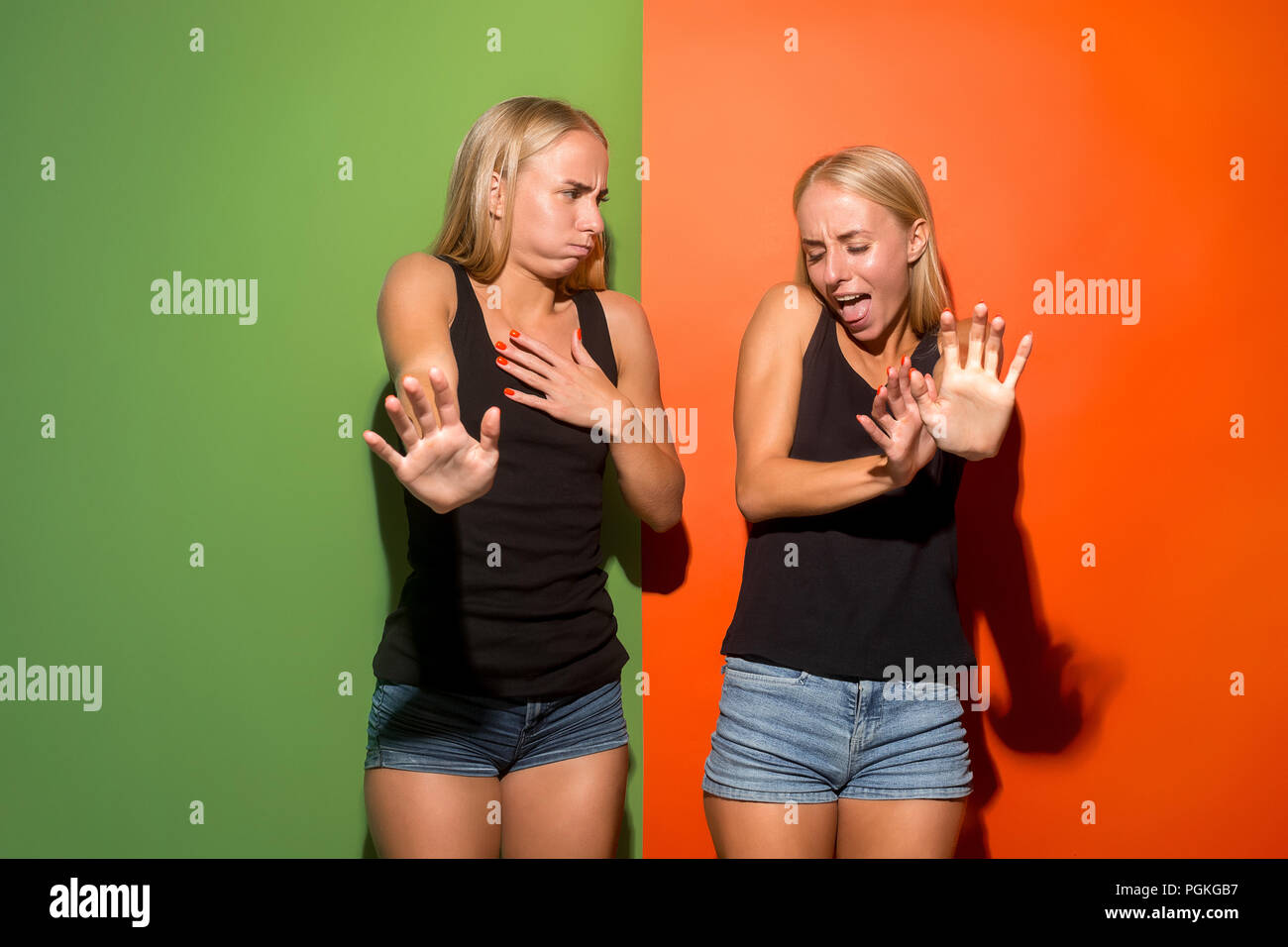 Reject, rejection, doubt concept. Doubtful women with thoughtful ...