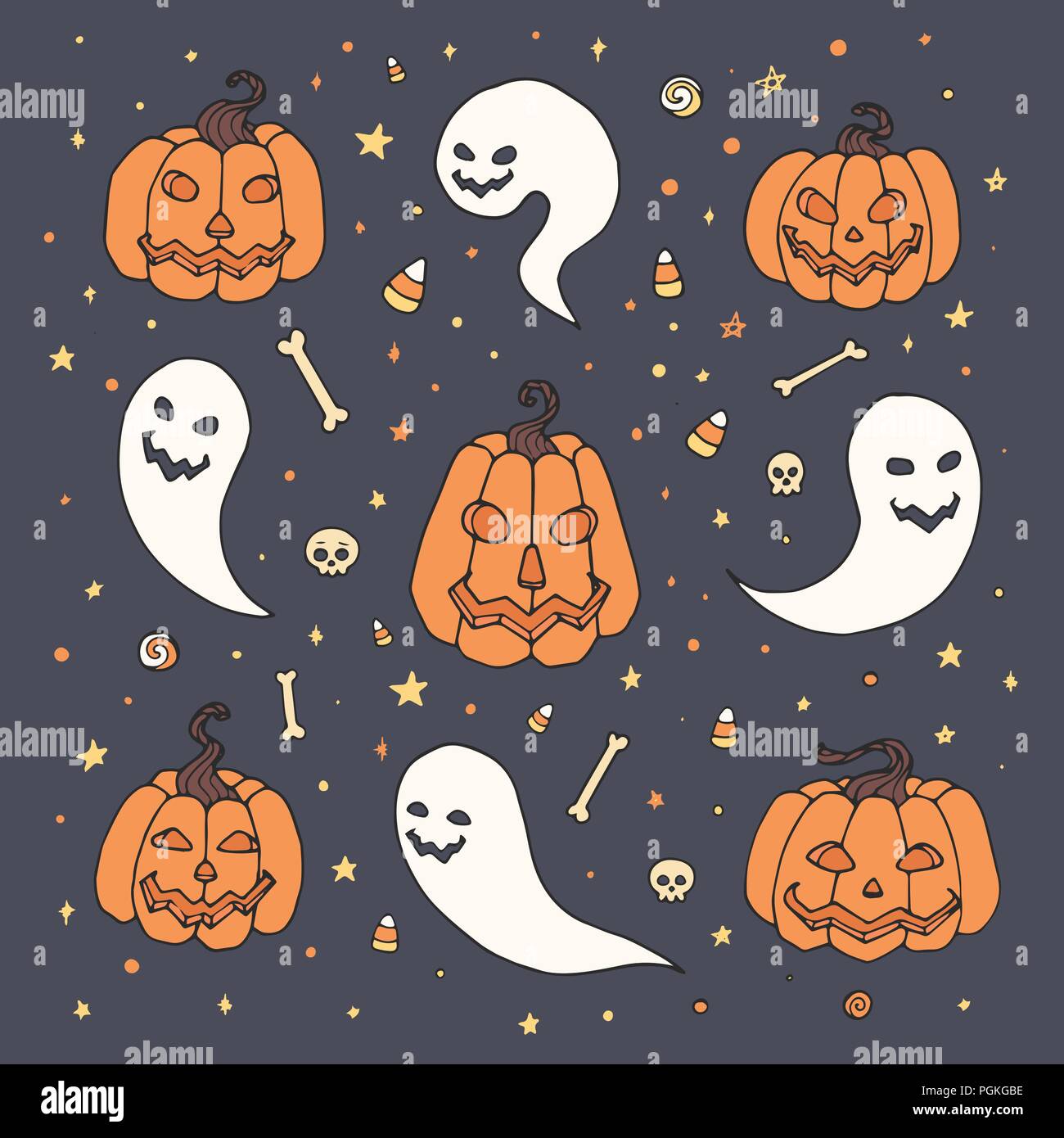 Vector Halloween set with orange pumpkins, ghosts with scary faces ...