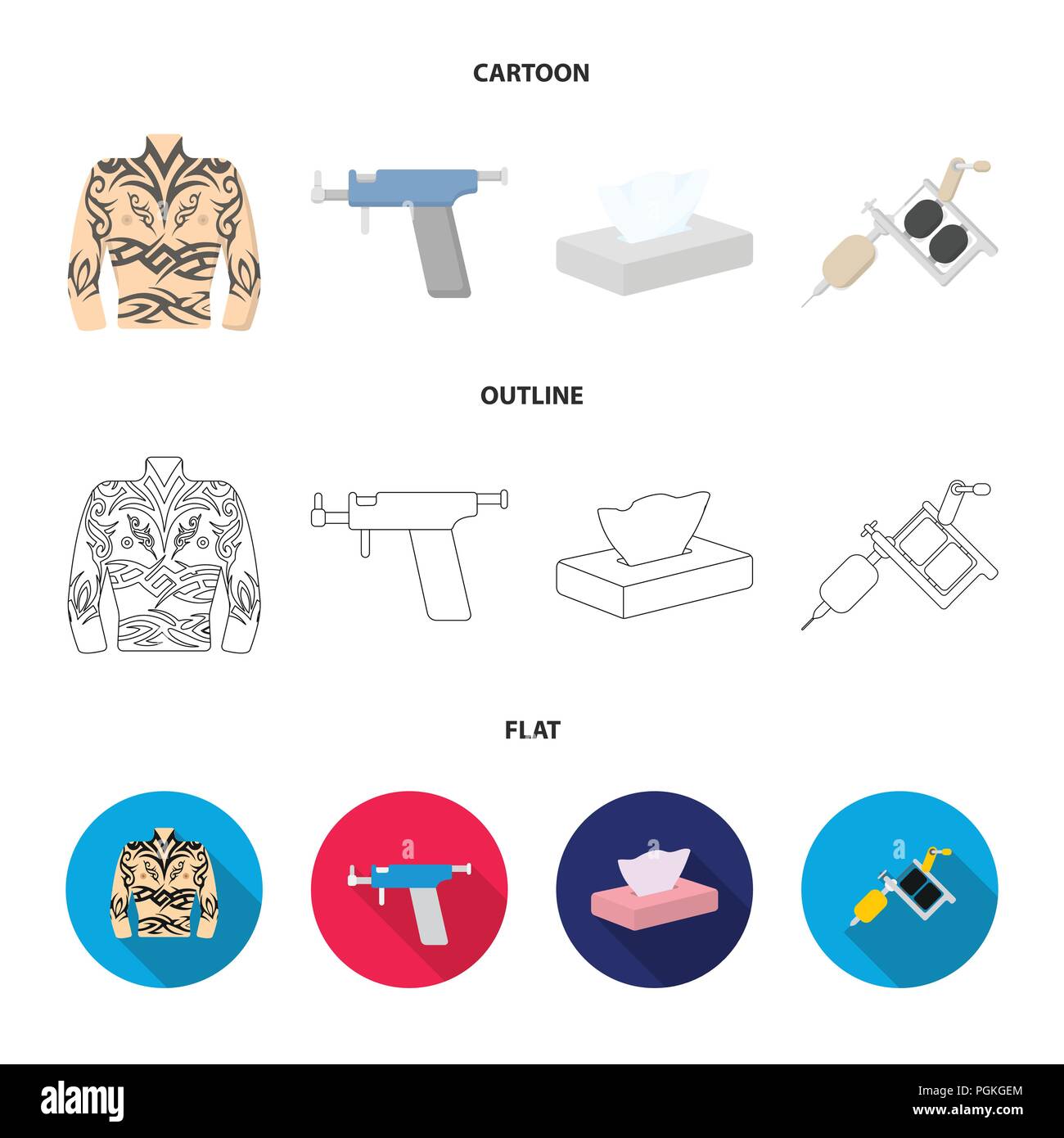 Body tattoo, piercing machine, napkins. Tattoo set collection icons in ...