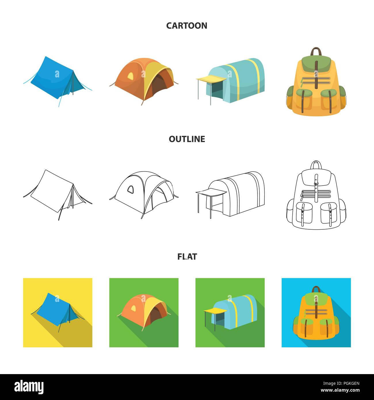 Backpack and other kinds of tents.Tent set collection icons in cartoon ...