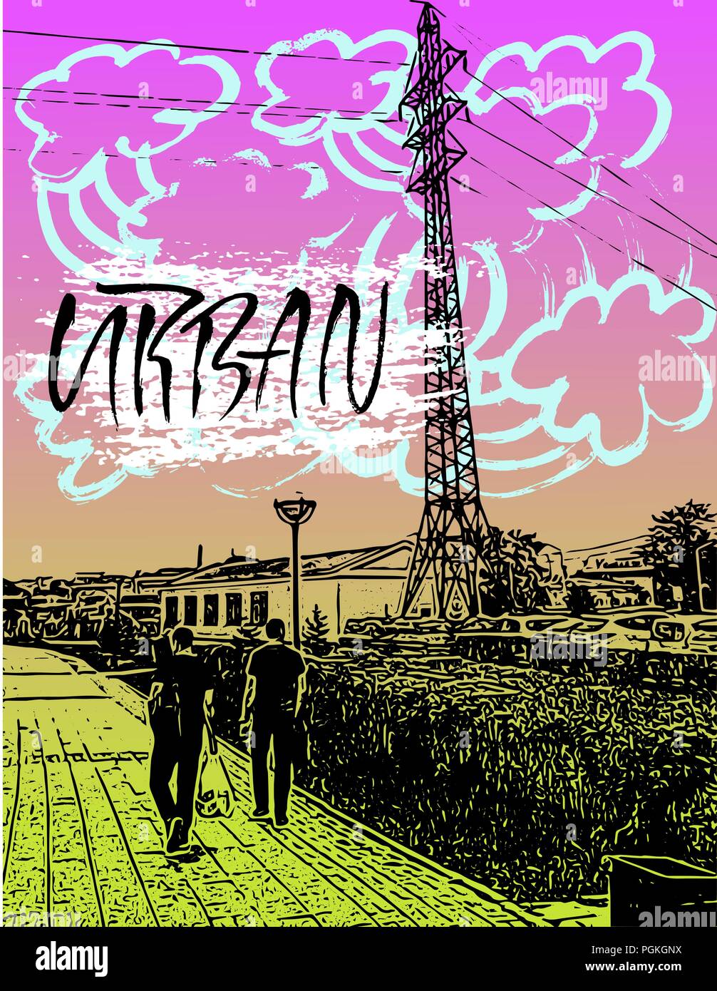 Abstract typography banner with urban landscape. Lettering design ...