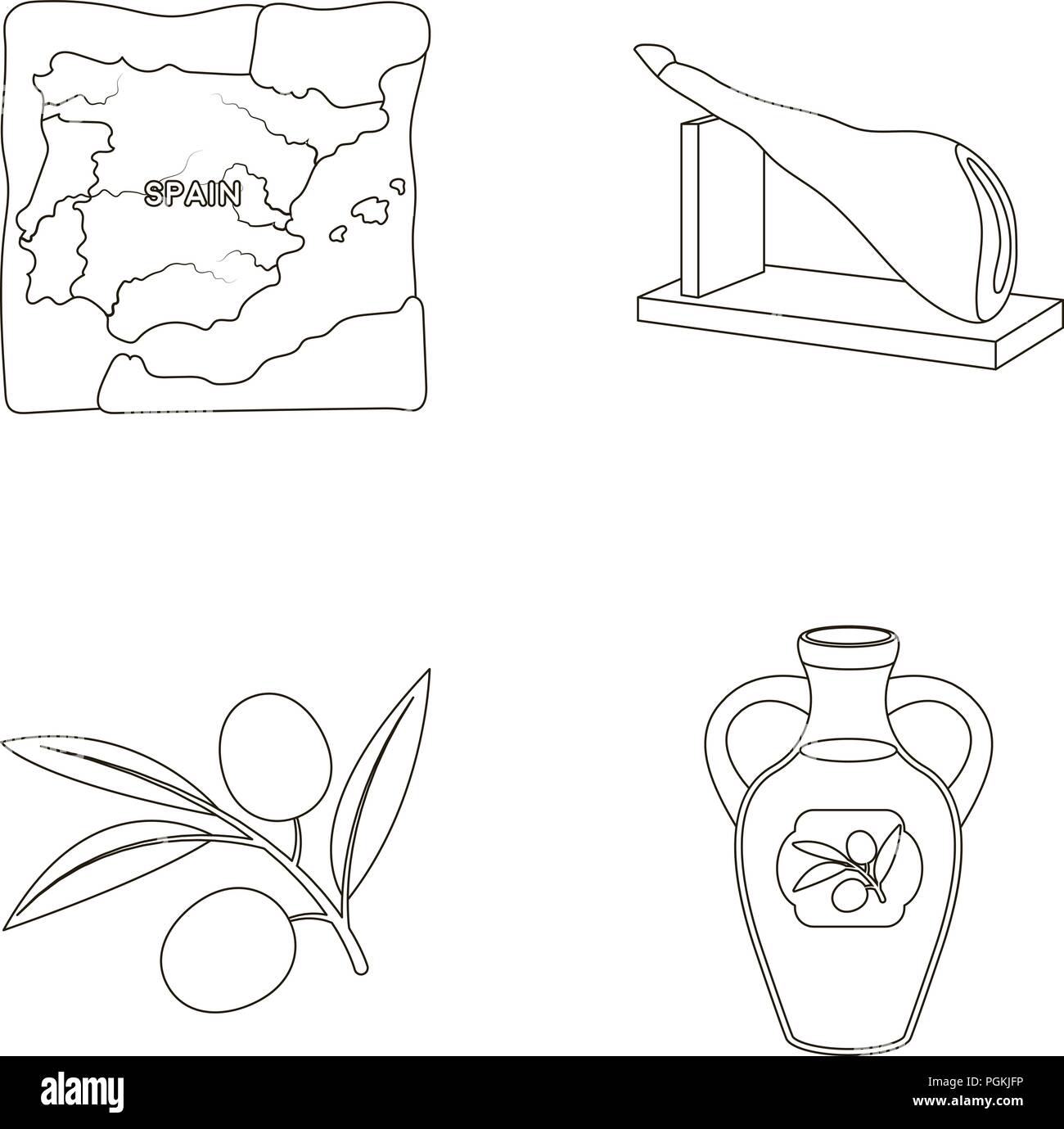 Map of Spain, jamon national dish, olives on a branch, olive oil in a ...