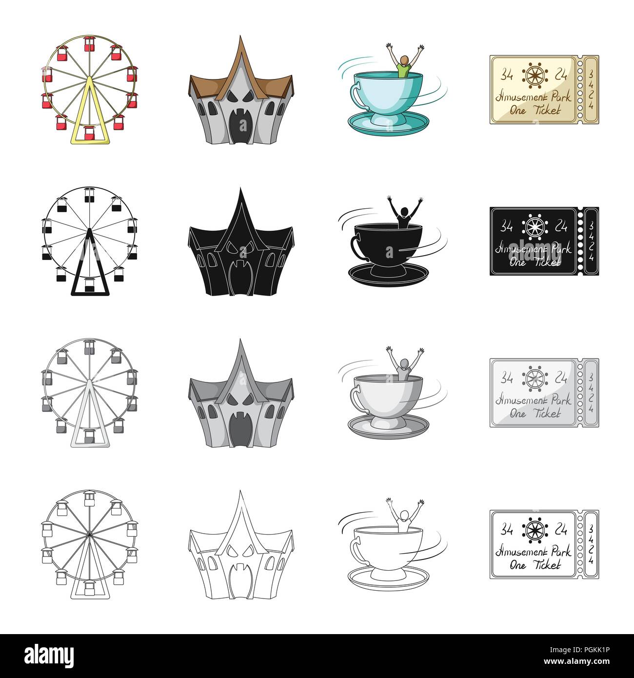 Amusement park cartoon black monochrome outline icons in set collection for design. Equipment ...