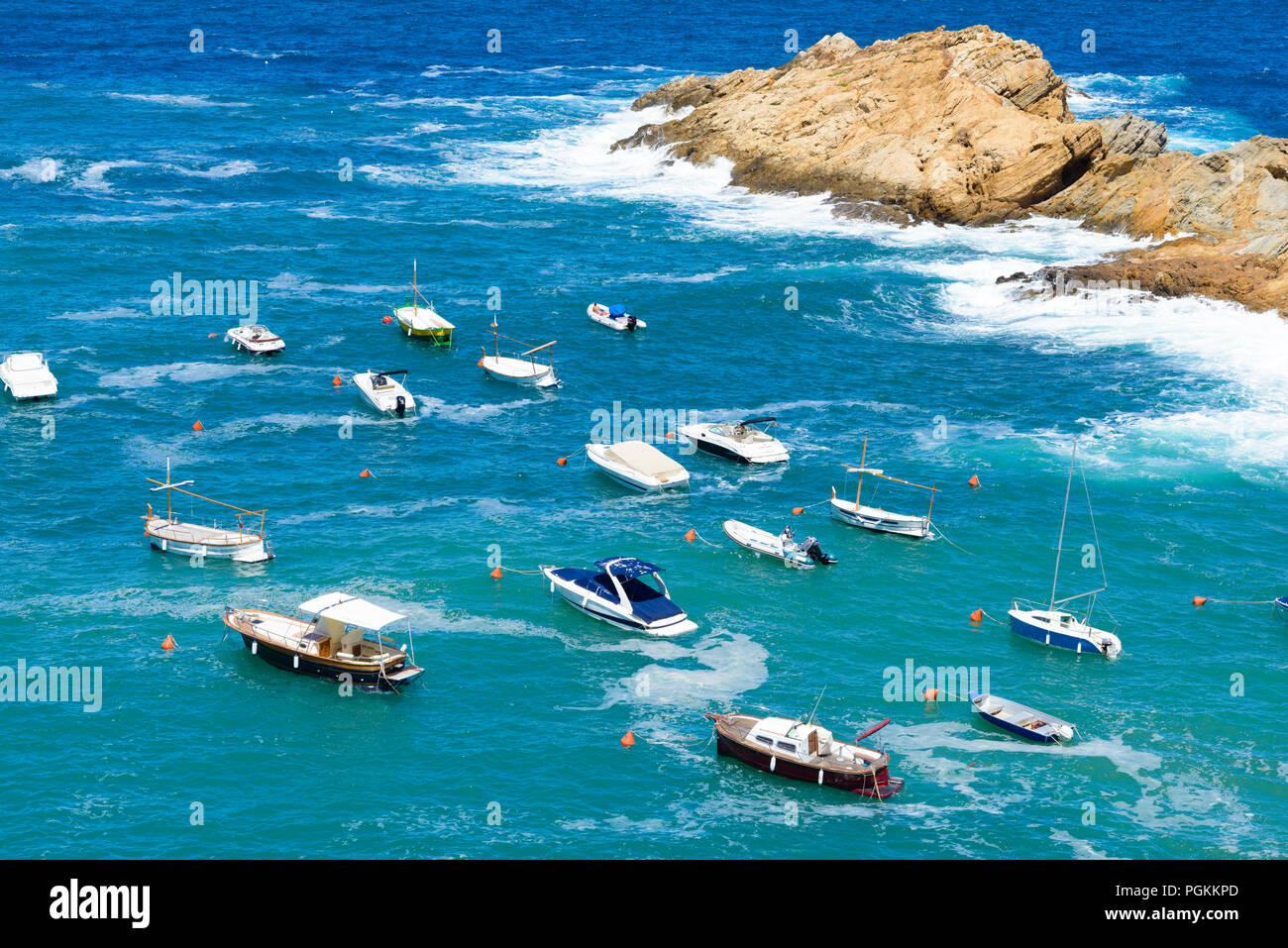 Aerial view of pleasure boats anchored near Shore at Sa Tuna beach ...