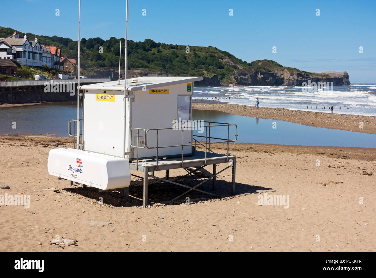 Closed RNLI lifeguard lifeguards station hut on the beach in summer ...