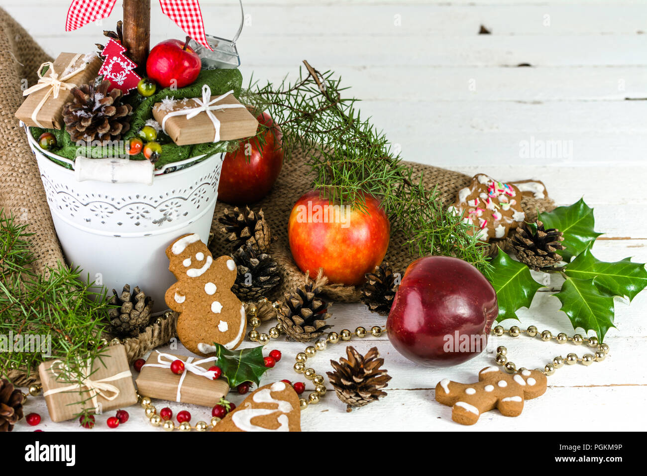 Christmas holiday background with food and decorations on table Stock ...