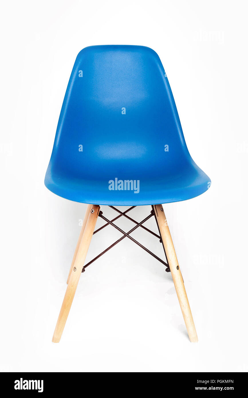 Blue modern chair with wooden legs isolated on white background Stock ...