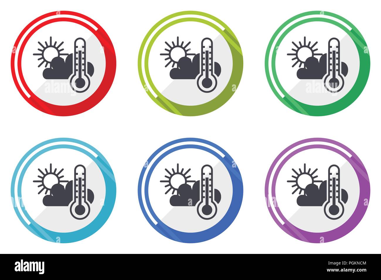 Weather forecast flat vector web icon set, colorful round internet ...