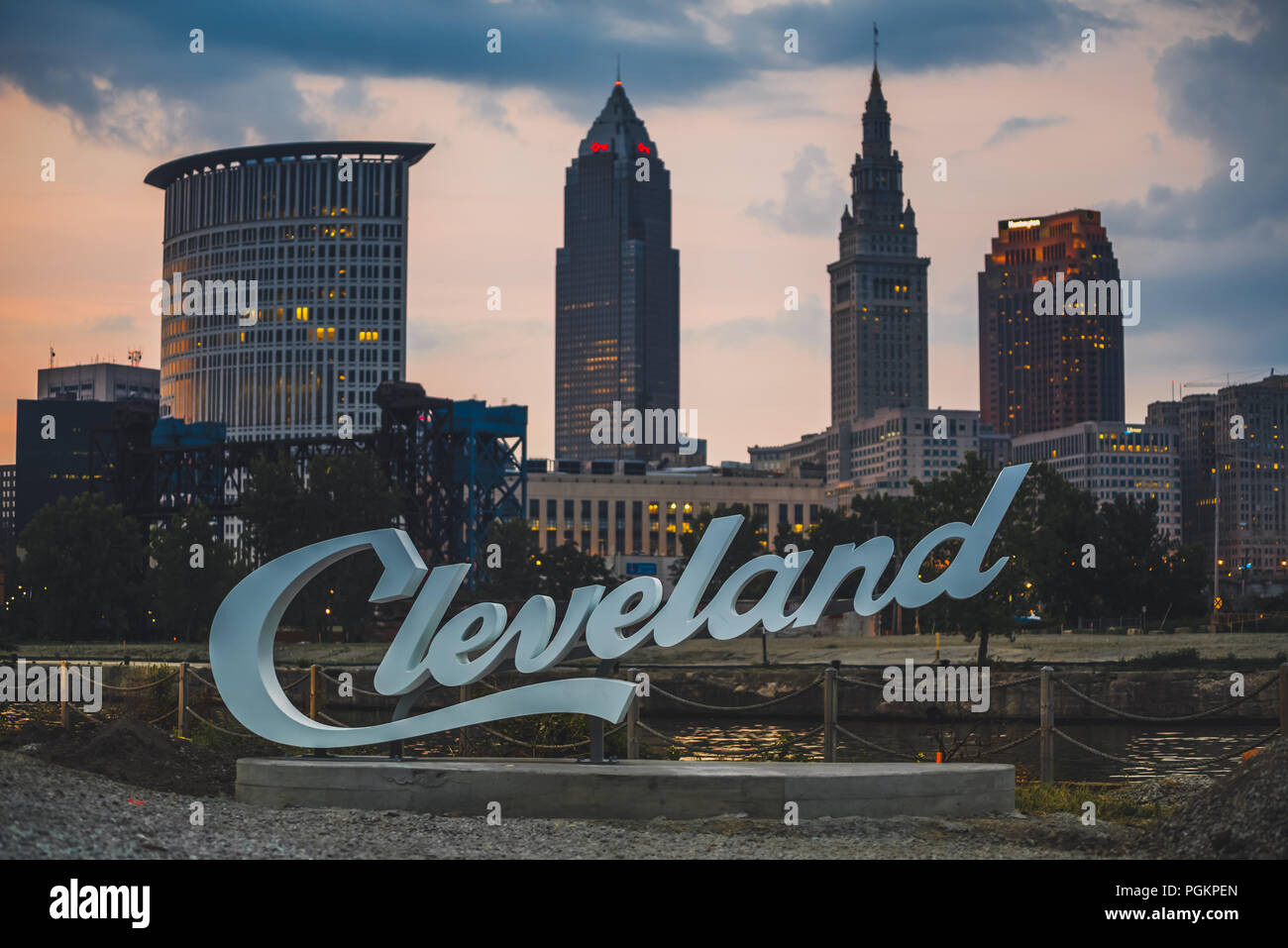 Cleveland Skyline and Script Sign Stock Photo - Alamy