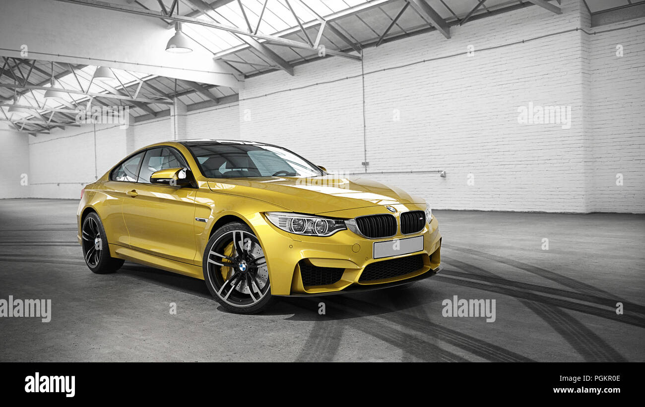 Modern yellow car in the garage. 3D rendering. Front view Stock Photo ...