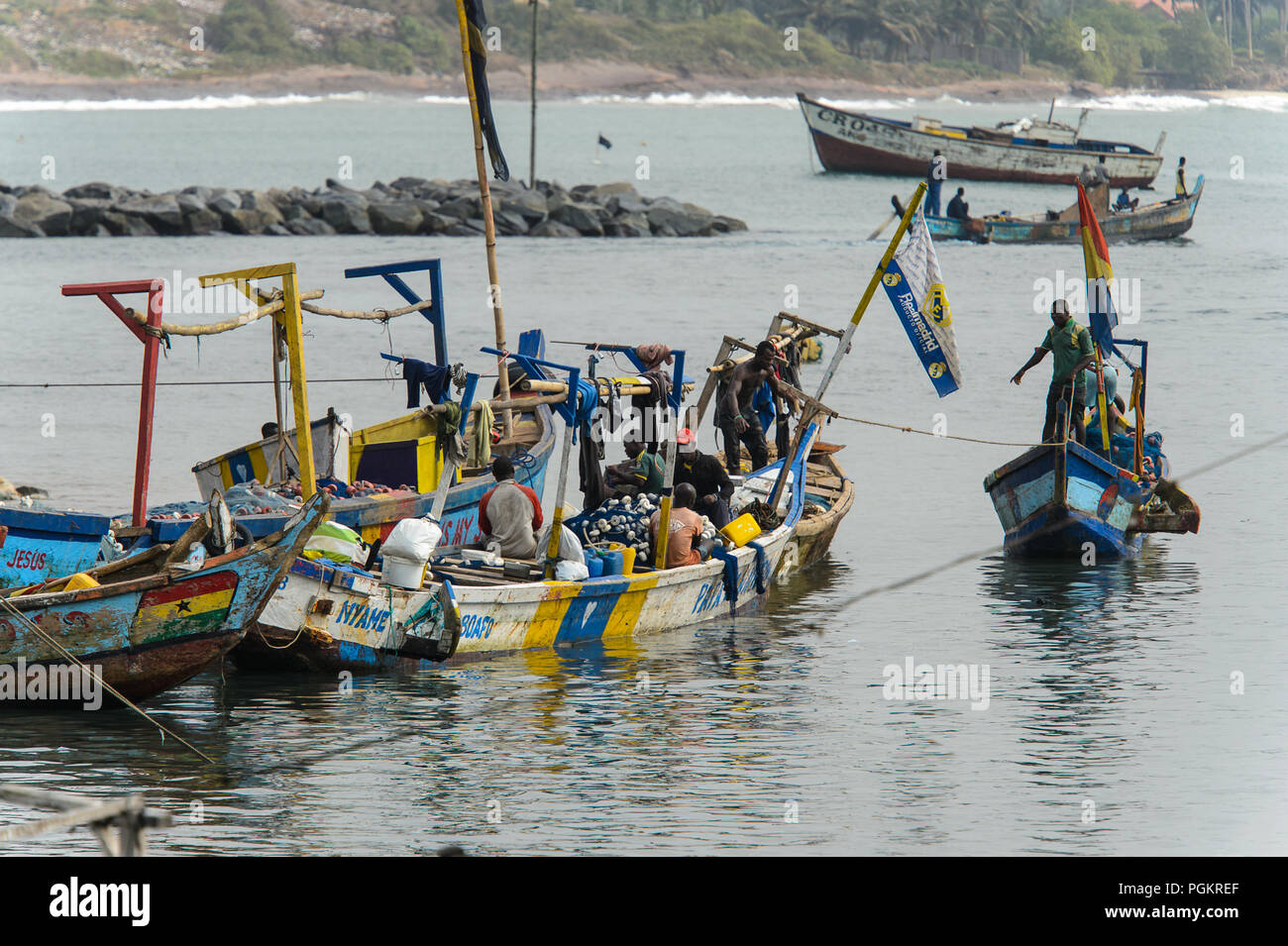 ELMINA, GHANA -JAN 18, 2017: Unidentified Ghanaian people sail on the ...