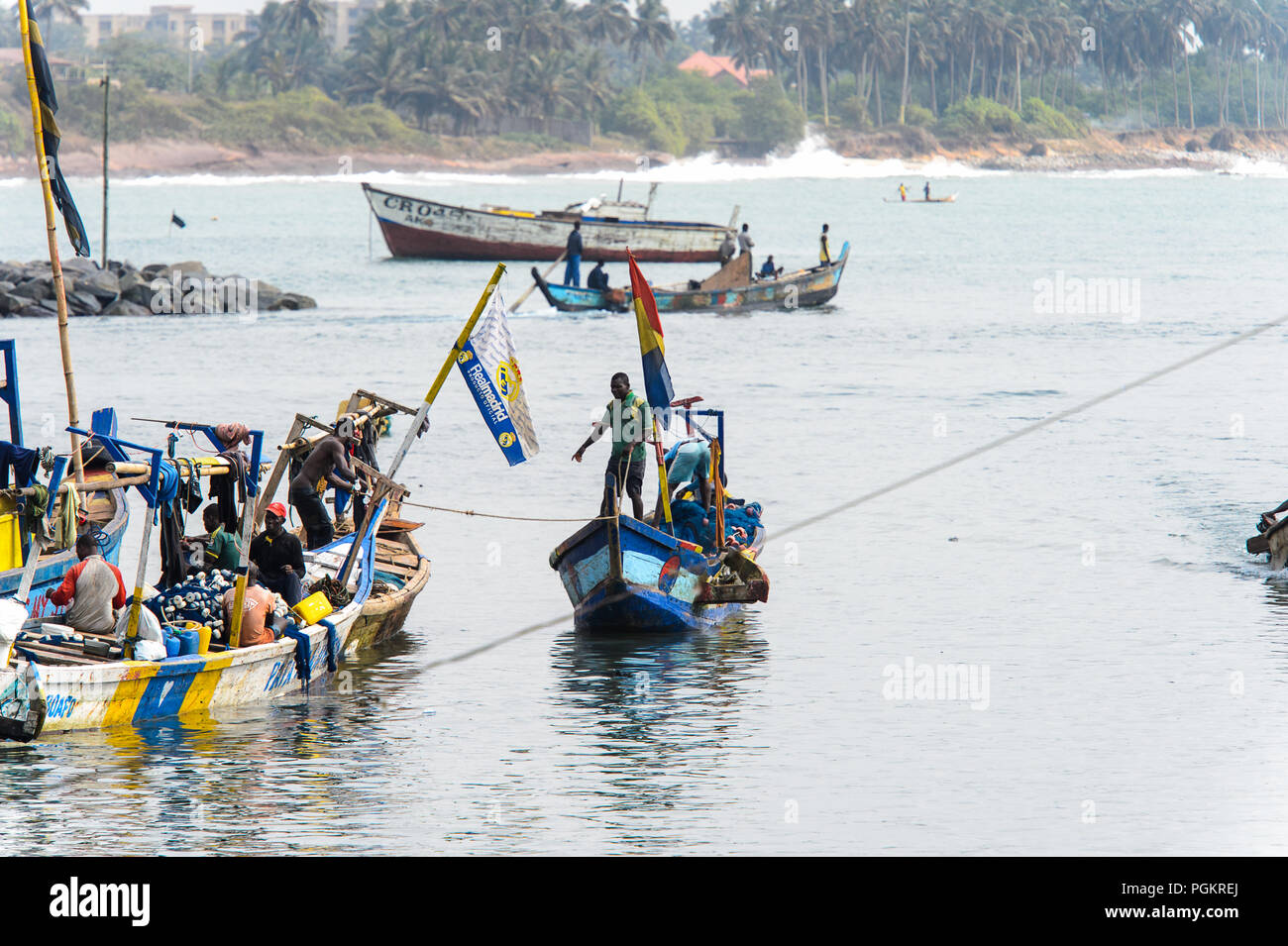 ELMINA, GHANA -JAN 18, 2017: Unidentified Ghanaian people sail on the ...