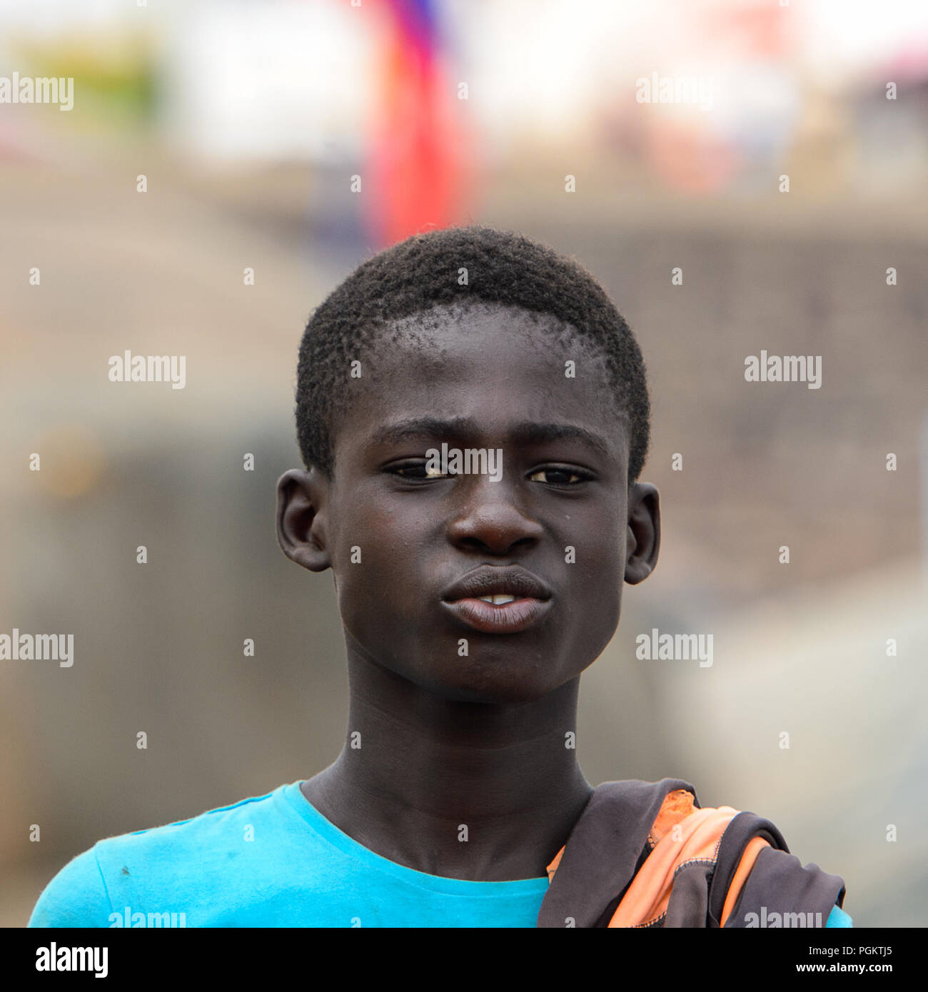 ELMINA, GHANA -JAN 18, 2017: Unidentified Ghanaian boy in blue shirt ...