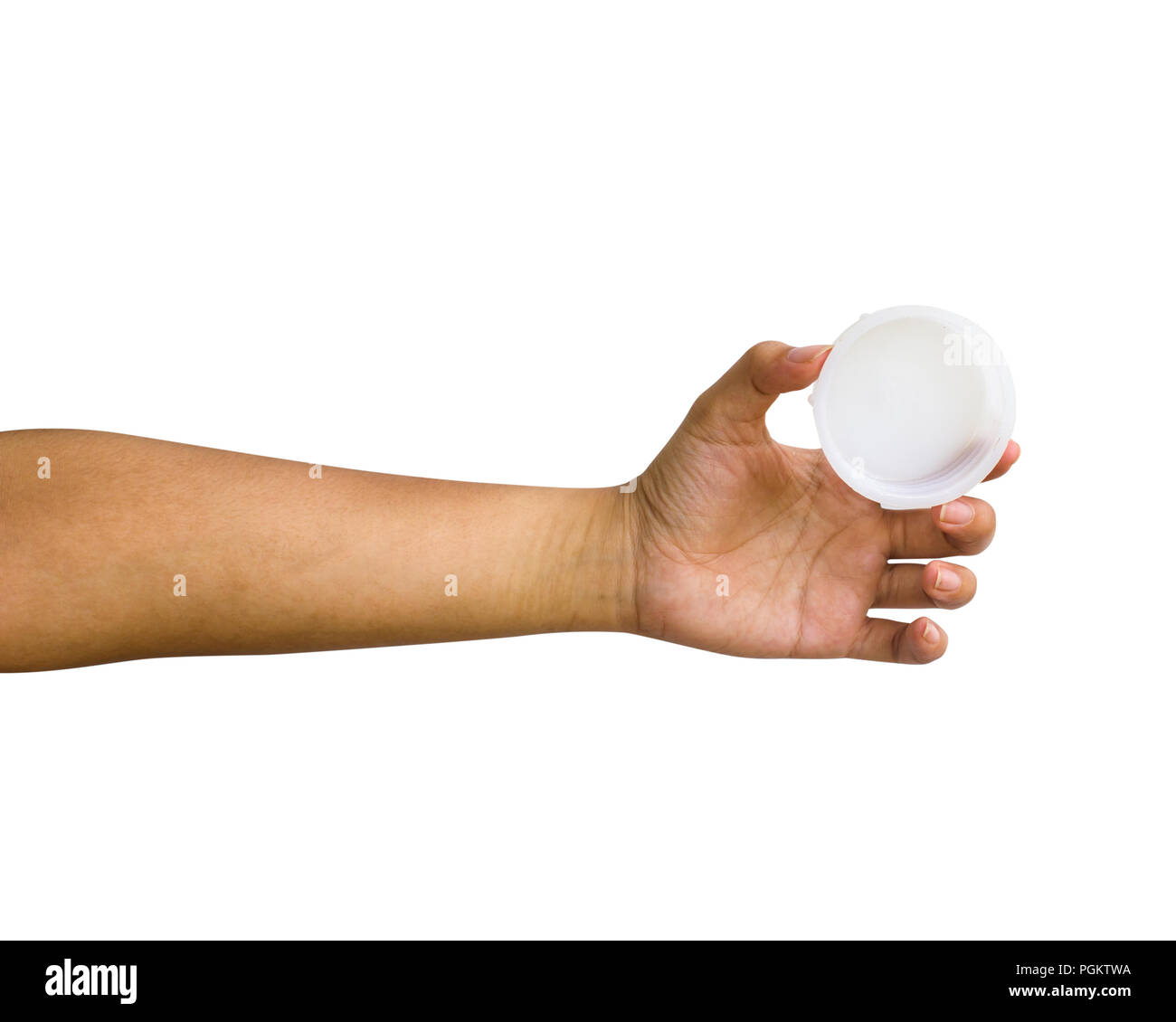 Close-up female hand holding Water bottle cap against white background ...