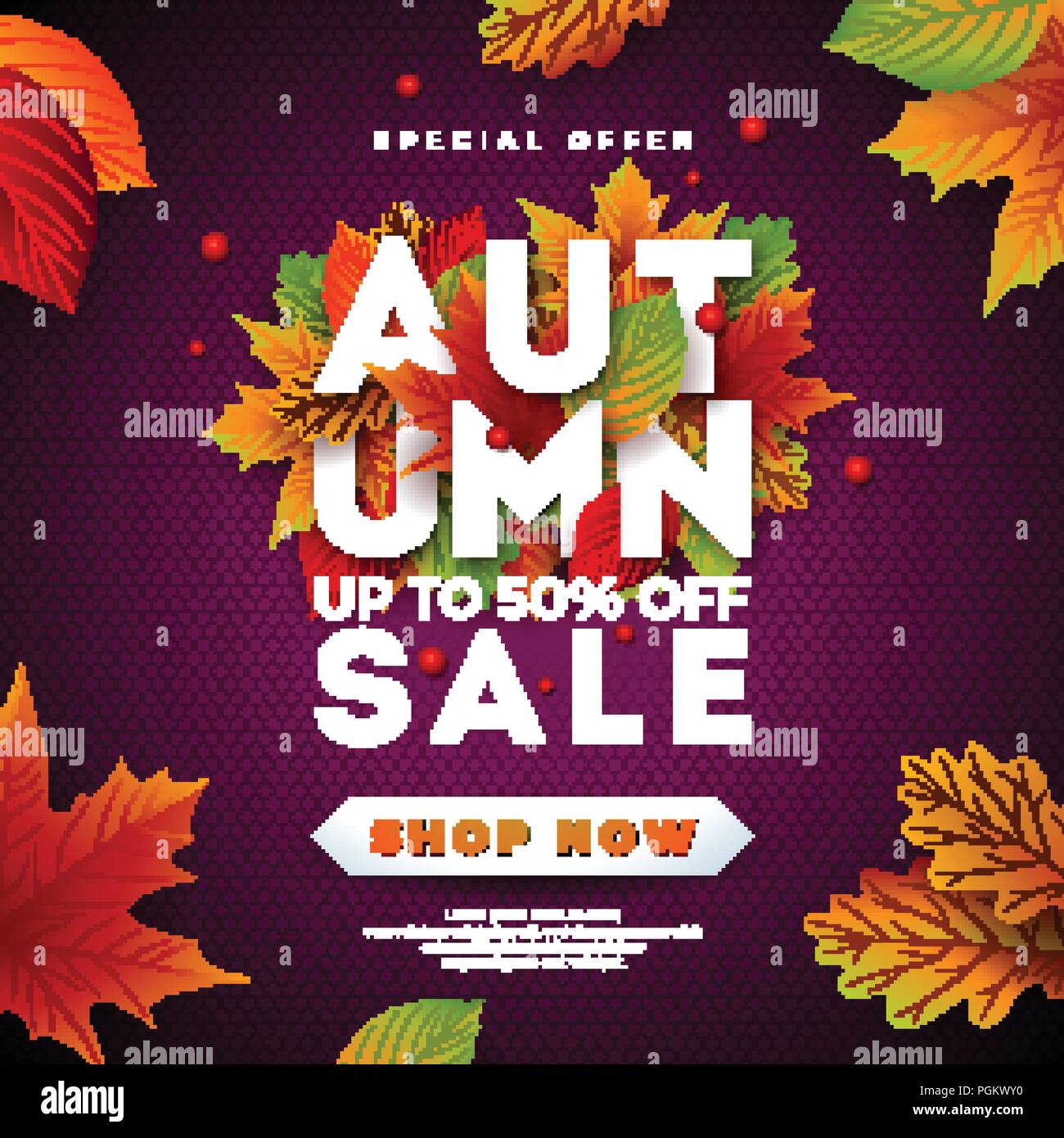 Autumn Sale Design with Falling Leaves and Lettering on Purple ...