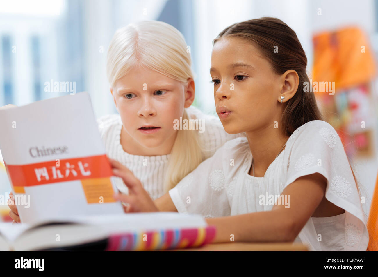 Serious school friends reading a book together Stock Photo - Alamy