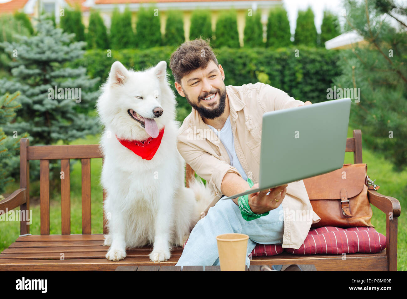 Happy owner of white husky showing him his friends via camera Stock ...