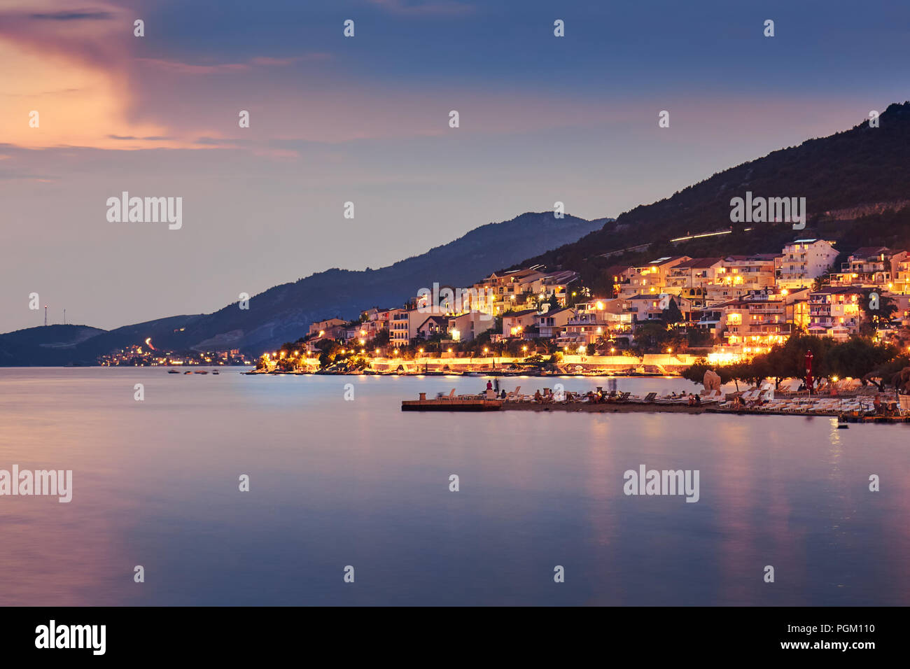 Beach and the city of Neum in Bosnia and Herzegovina at dusk Stock ...