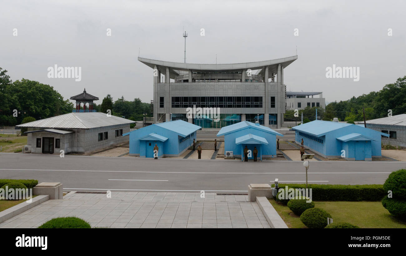 North Korea side view of the DMZ, demilitarised zone, at Panmunjon ...