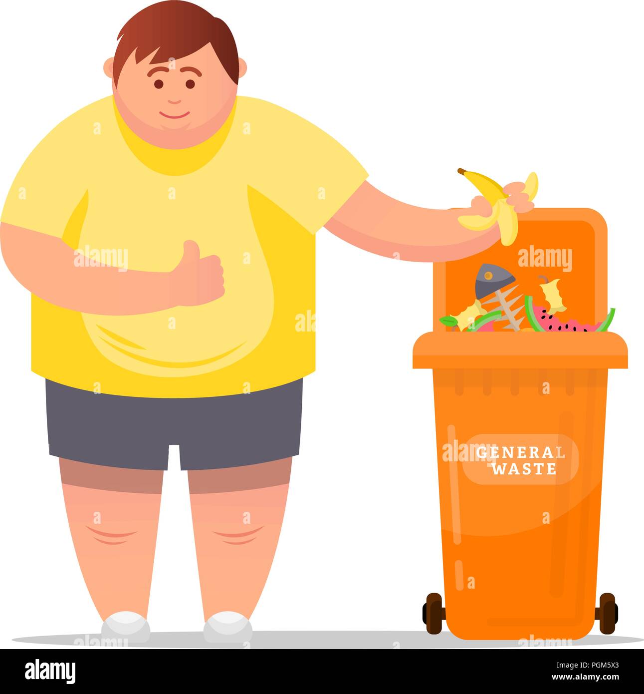 Trash sorting. Protect the environment. Man throws a garbage in the trash. Vector illustration ...