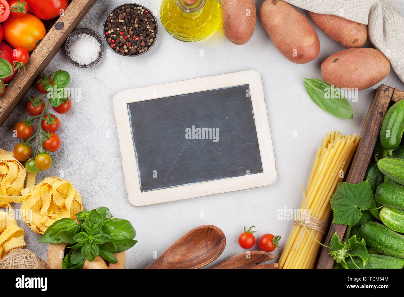 Cooking table with ingredients. Top view with space for your text Stock ...
