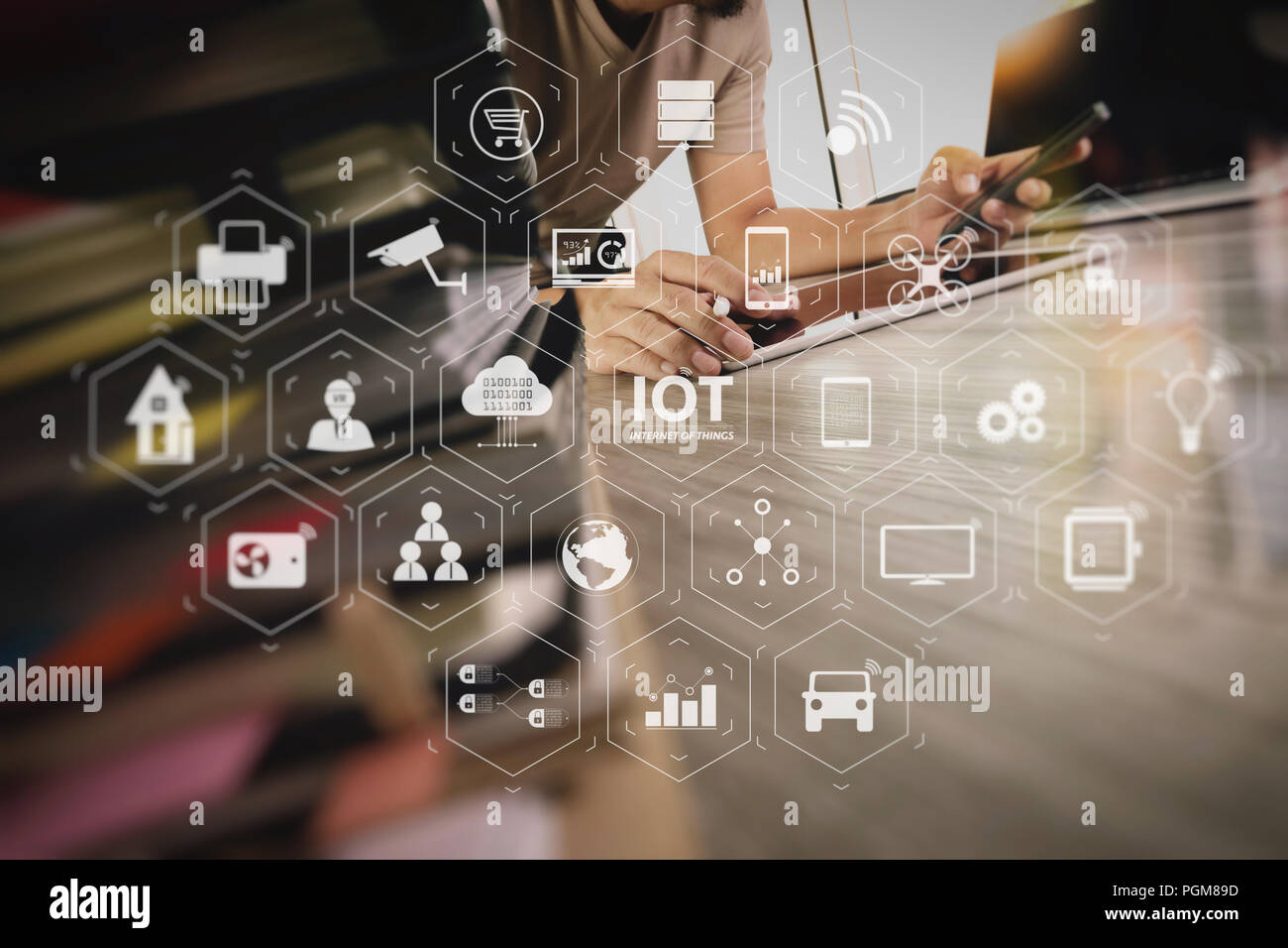 Internet of Things (IOT) technology with AR (Augmented Reality) on VR dashboard. designer hand ...