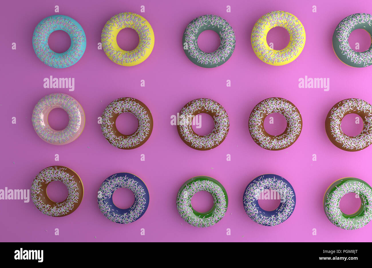 Top view various donut isolated on white background . 3d rendering ...