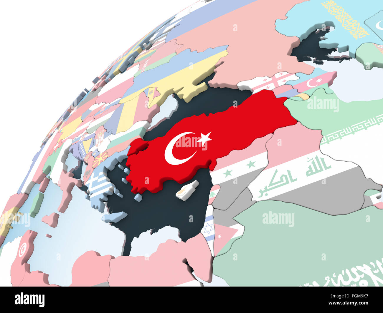 Turkey on bright political globe with embedded flag. 3D illustration ...