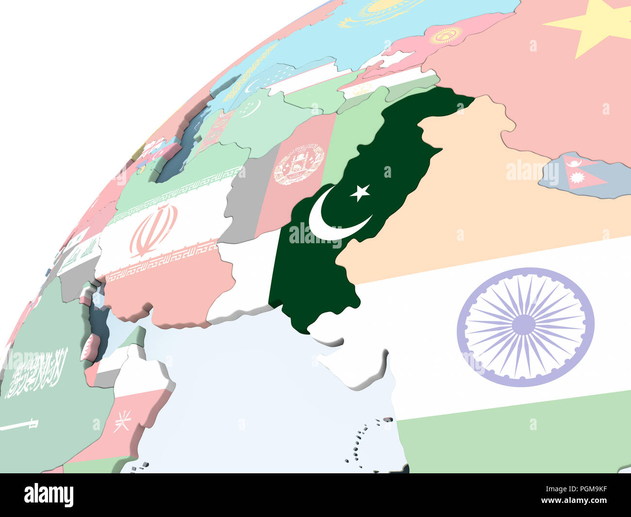 Pakistan on bright political globe with embedded flag. 3D illustration ...