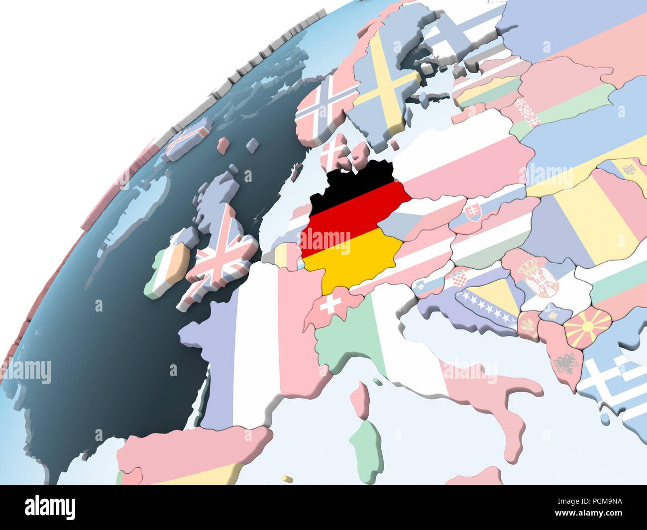 Germany on bright political globe with embedded flag. 3D illustration ...