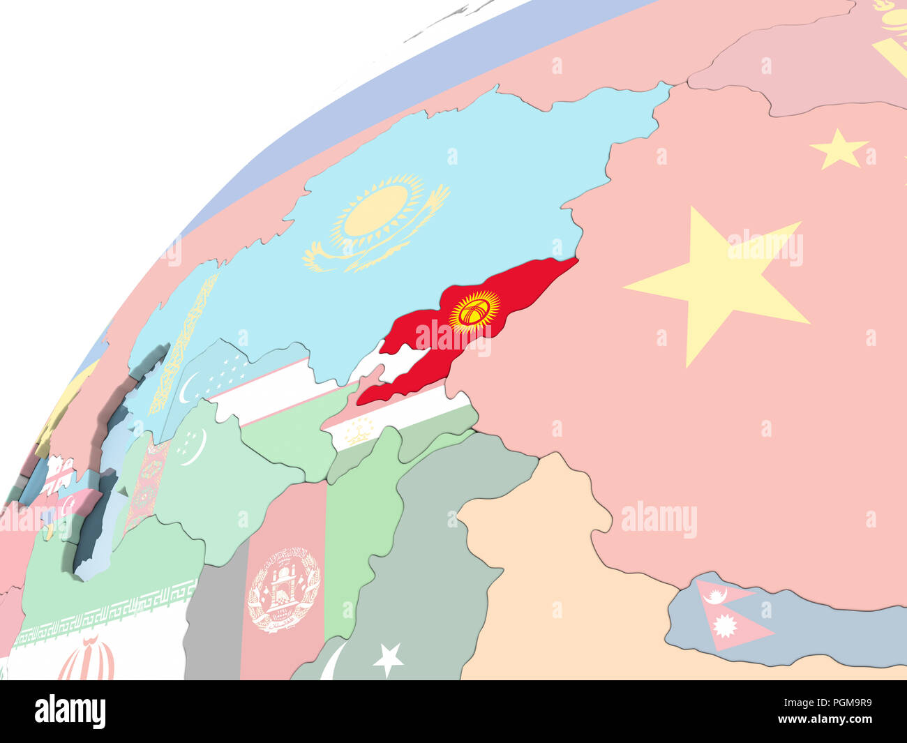 Kyrgyzstan on bright political globe with embedded flag. 3D ...