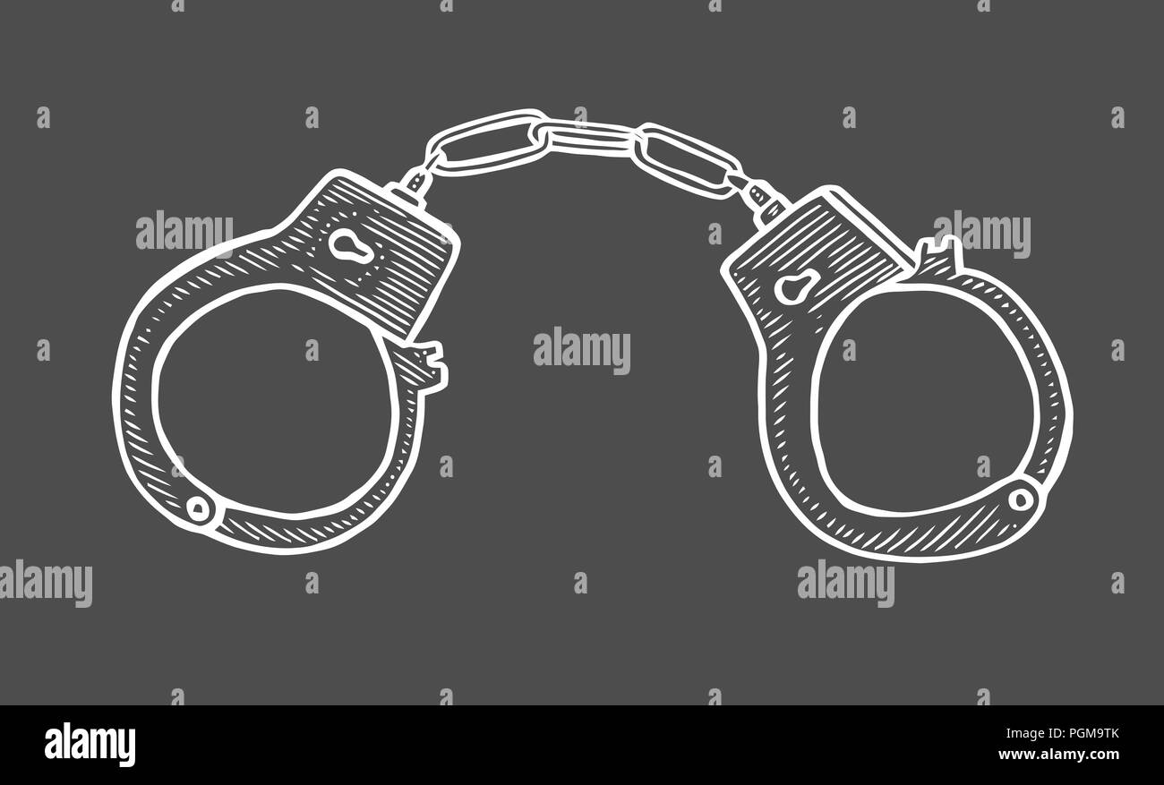 Handcuffs. Hand drawn Engraving vintage vector black. Isolated on black ...