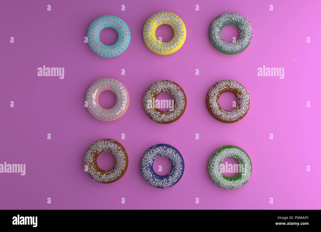 Top view various donut isolated on white background . 3d rendering ...