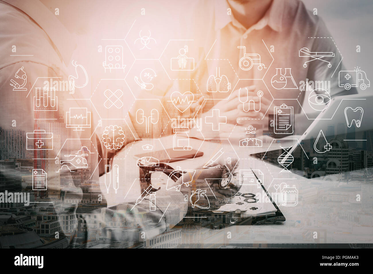 Health care and medical services concept with flat line AR interface ...