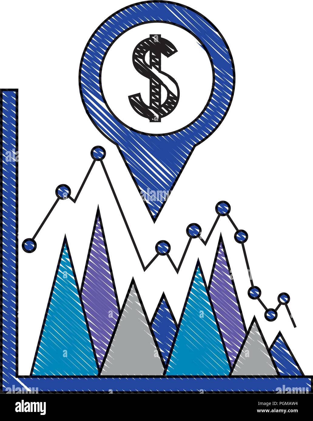 coin dollar in pin pointer location with statistical graphic vector ...