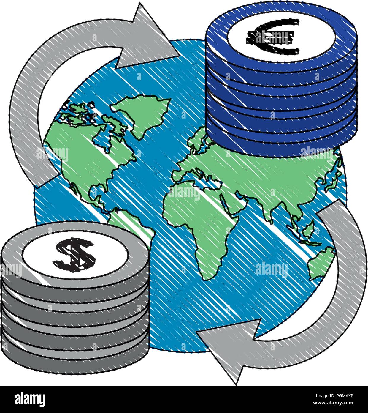 set international currencies in planet earth vector illustration design ...