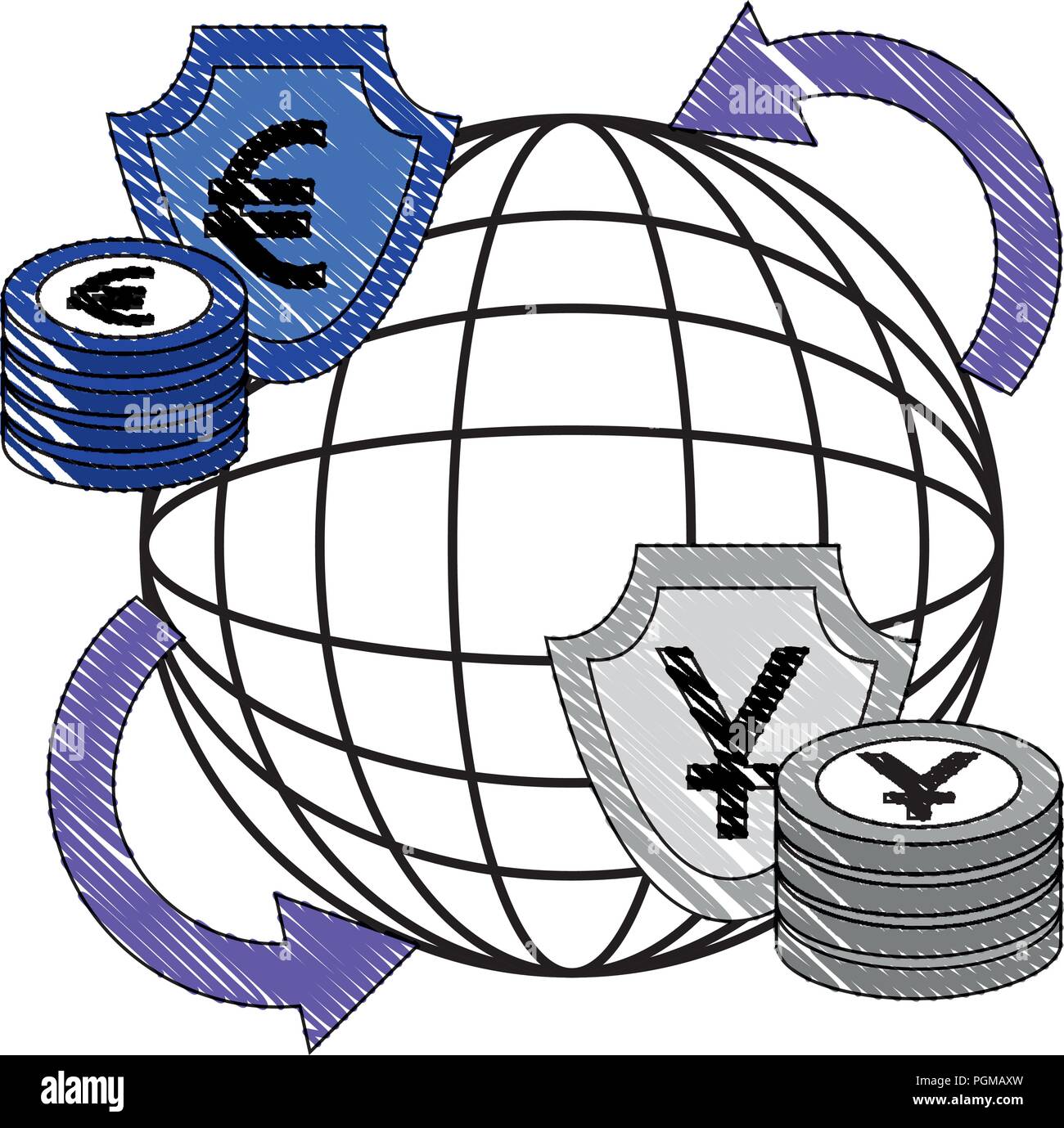 international currencies with shields and sphere vector illustration ...