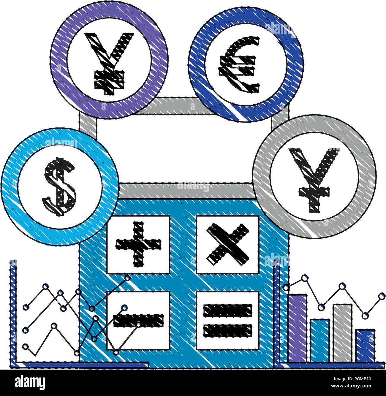 international currencies with calculator and statistical graphic vector ...