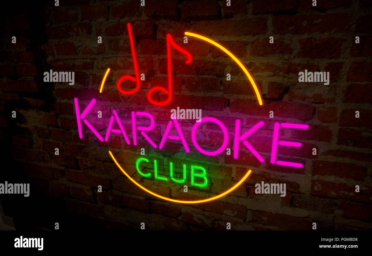 Karaoke club neon lamp on bricks wall. Retro light lettering sign ...