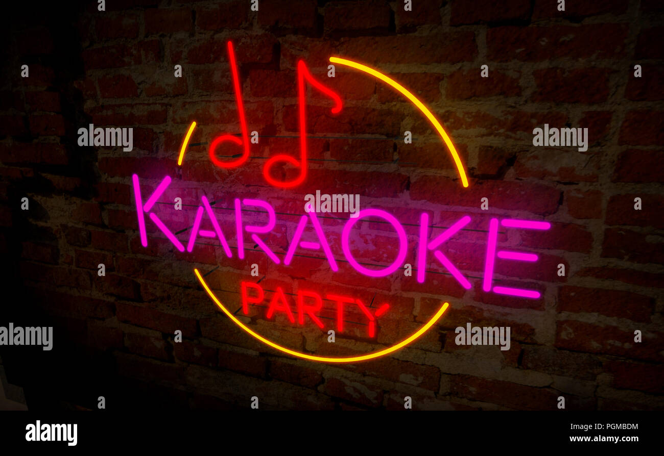 Karaoke party neon lamp on bricks wall. Retro light lettering sign ...