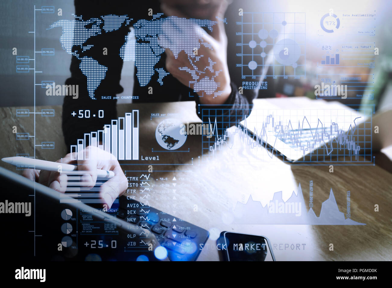 Investor analyzing stock market report and financial dashboard with ...